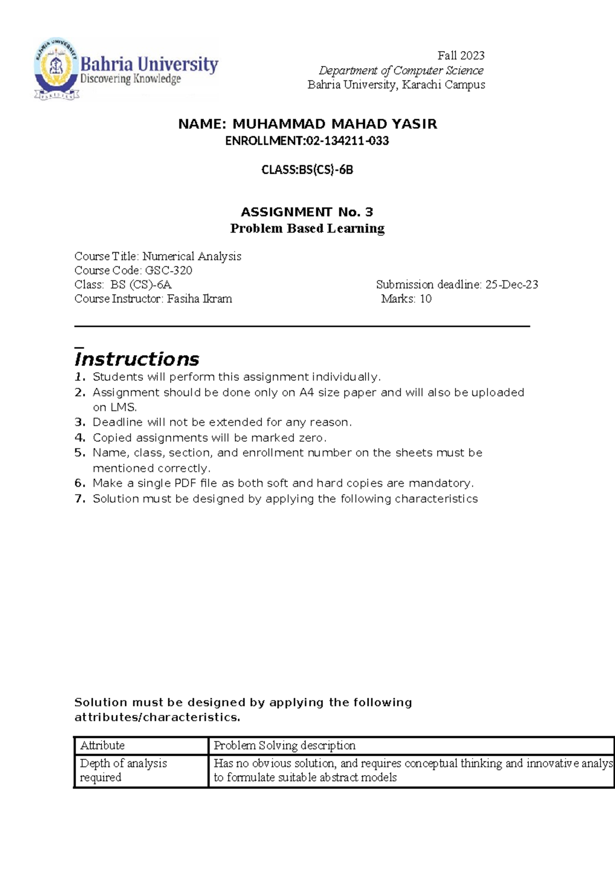 Complex Computing - Department of Computer Science Bahria University, Karachi Campus NAME ...