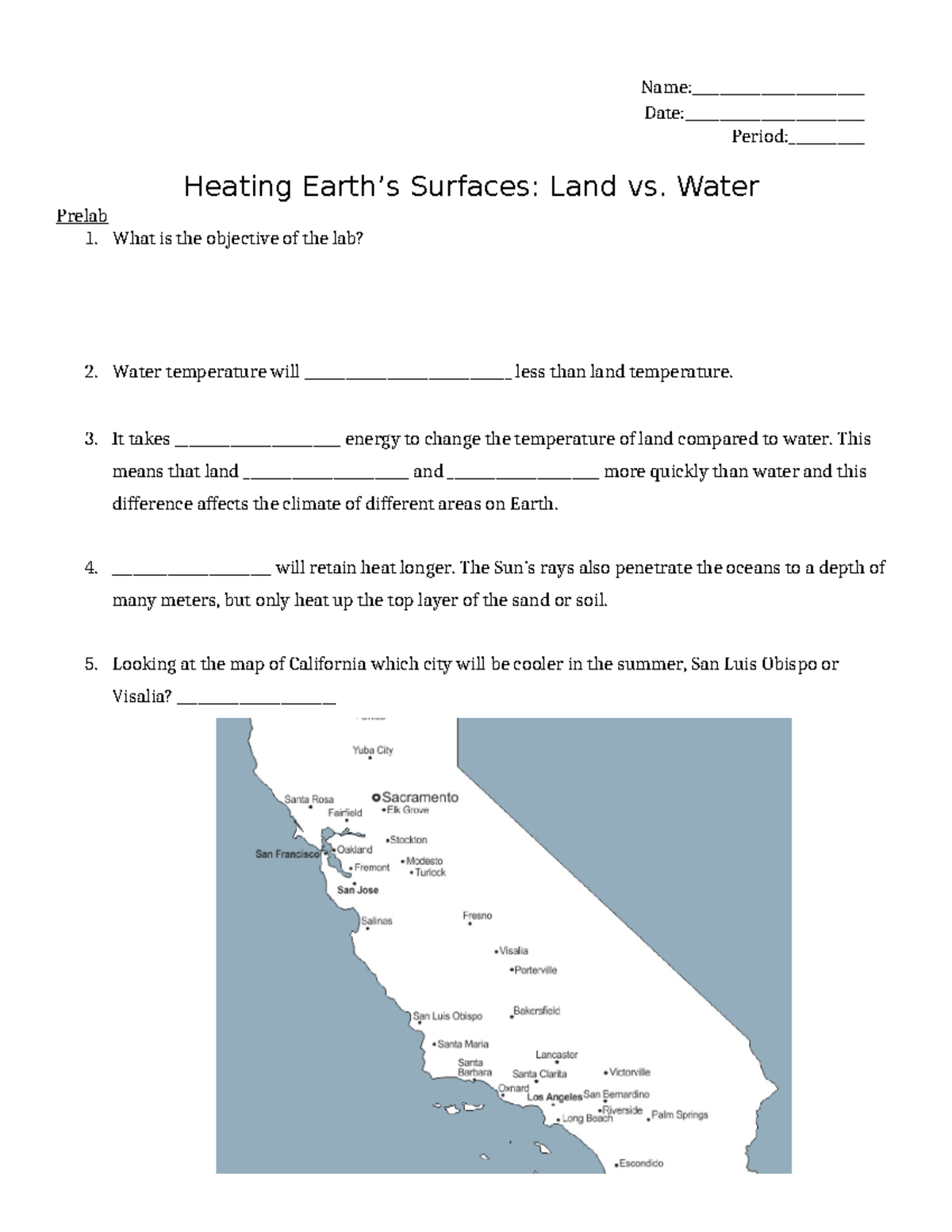 Earth Science-Land vs Water Lab - Name:_________________________ Date