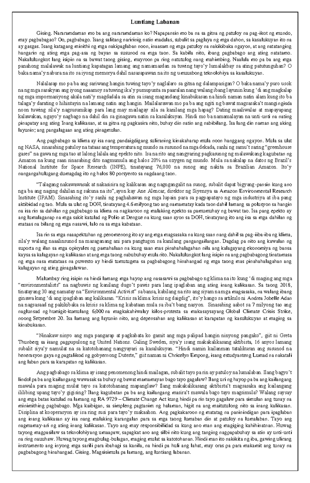Talumpati ukol sa Pagbabago ng Klima (Climate Change) - Luntiang ...