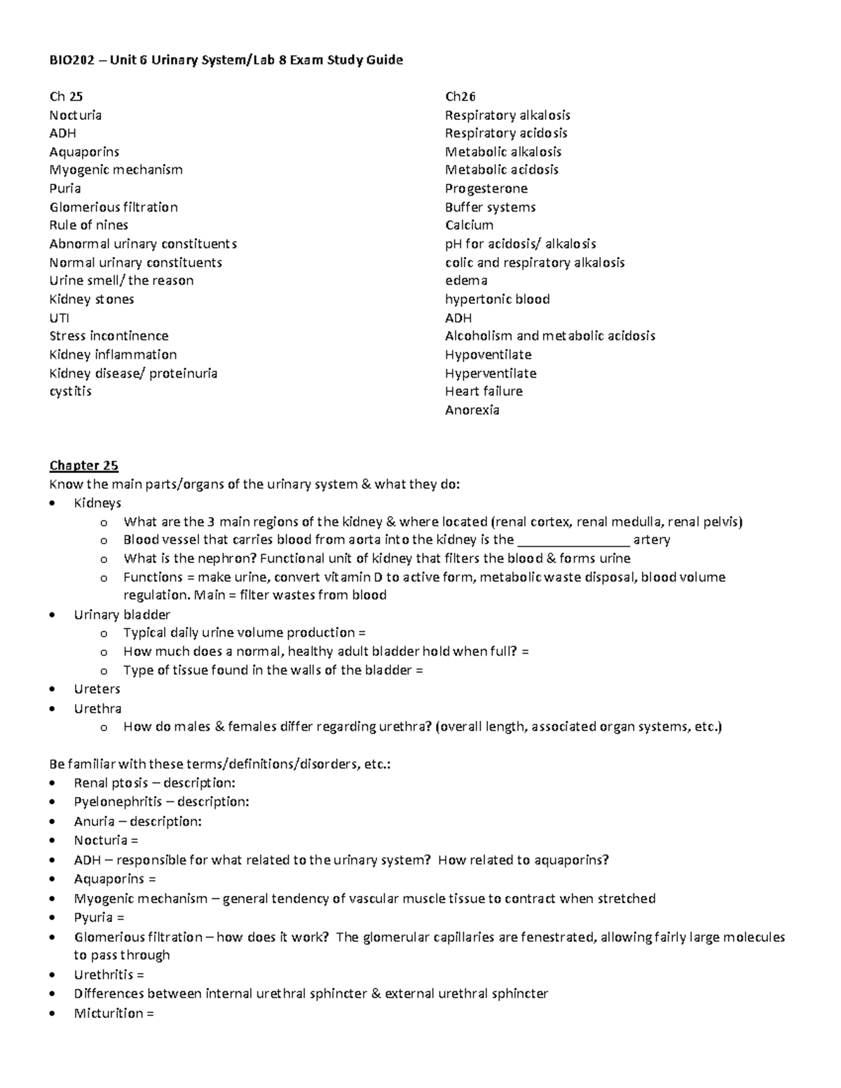 Module 6 Chapter 25-26 Study Guide - BIO202 – Unit 6 Urinary System/Lab ...