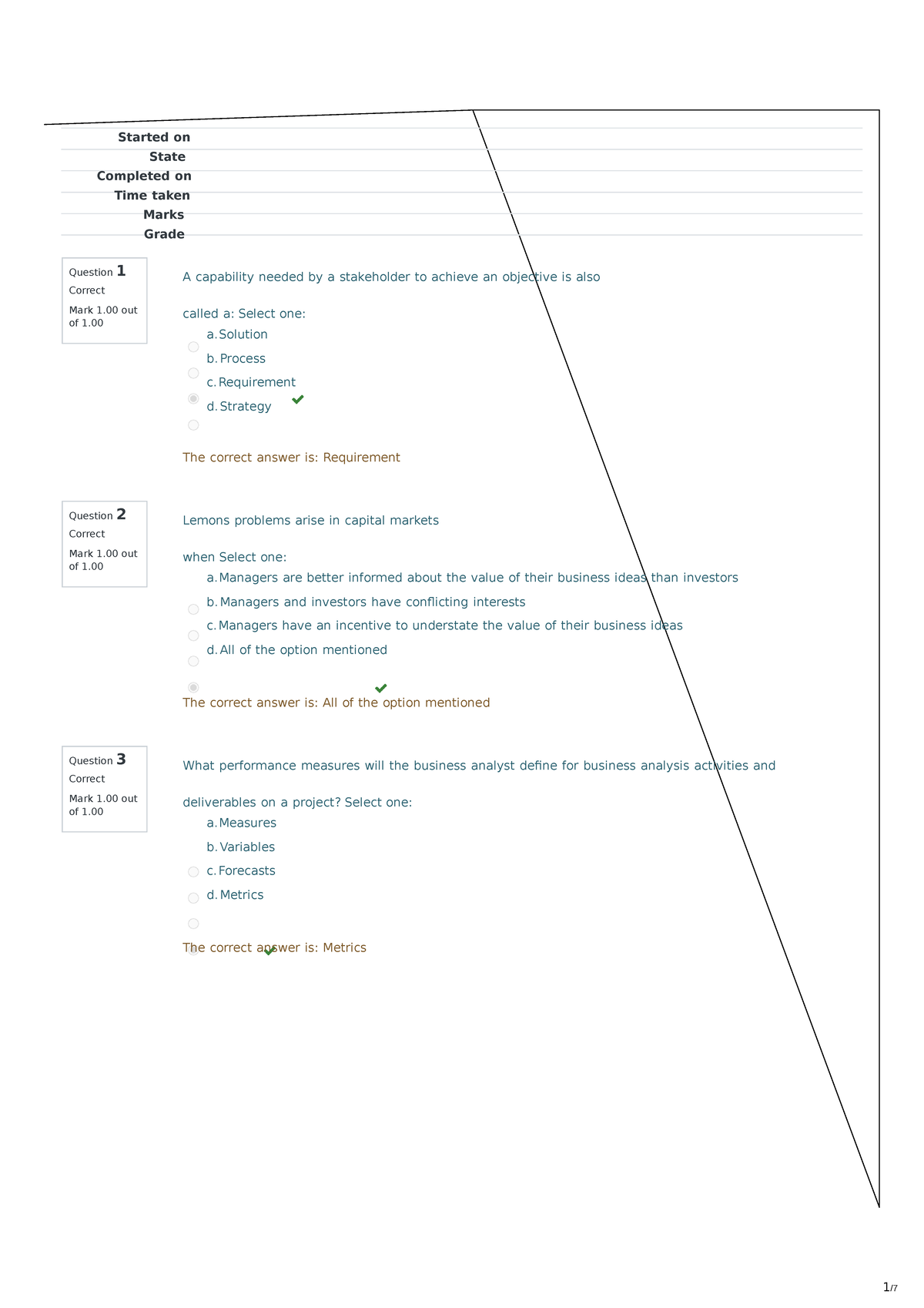 Business Analysis 621 - Assignment 1 MCQs - 1 / Started on State ...