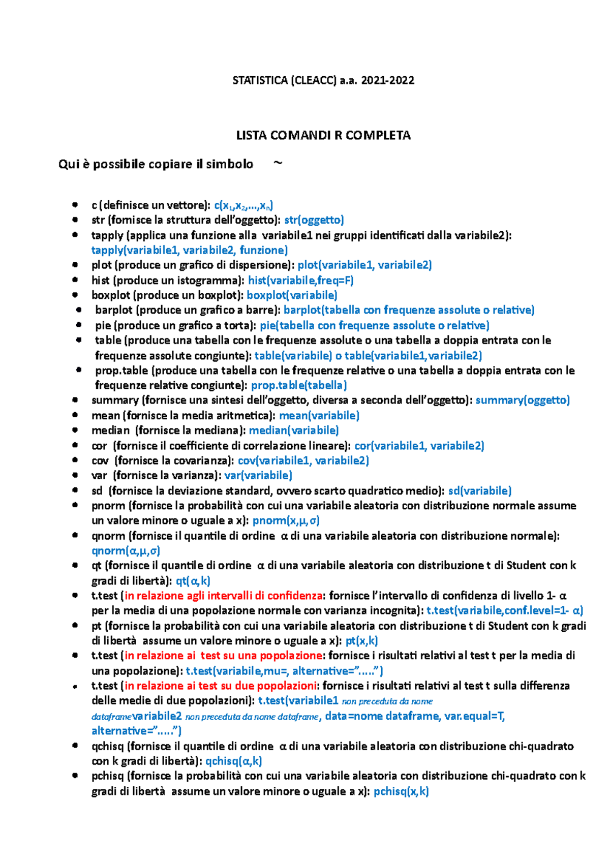 Lista Comandi - STATISTICA (CLEACC) a. 2021- LISTA COMANDI R COMPLETA ...