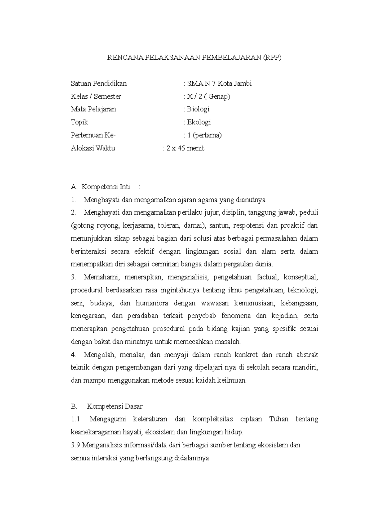 RPP Ekologi Ekosistem - RENCANA PELAKSANAAN PEMBELAJARAN (RPP) Satuan ...