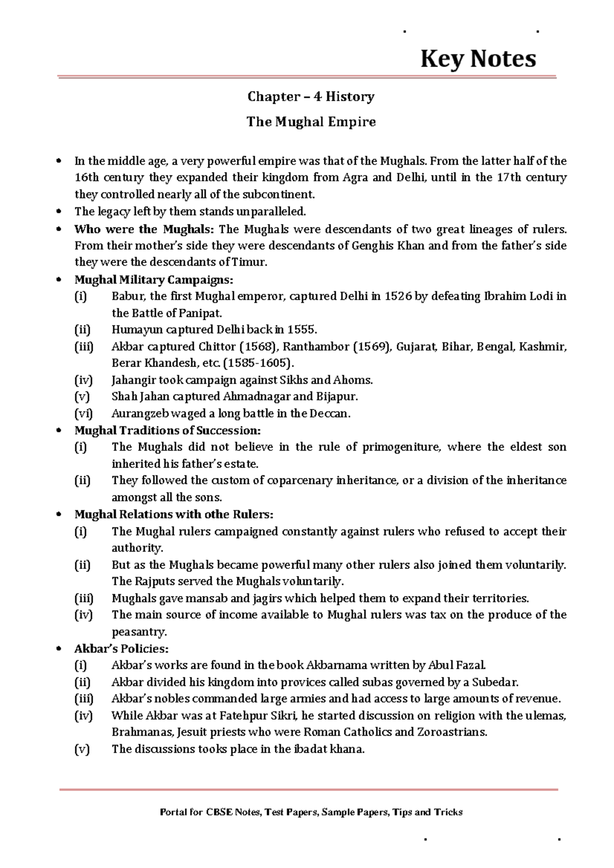 07 social science histroy key notes ch04 the mughal empire - Material ...