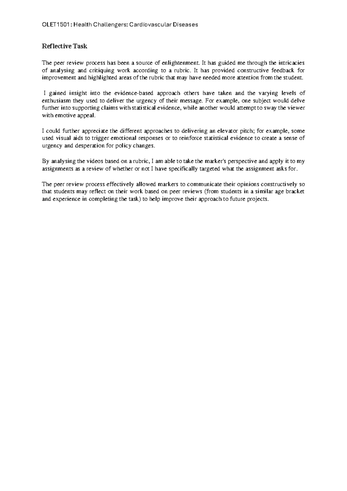 OLET1501 Reflective Task - OLET1501: Health Challengers: Cardiovascular ...