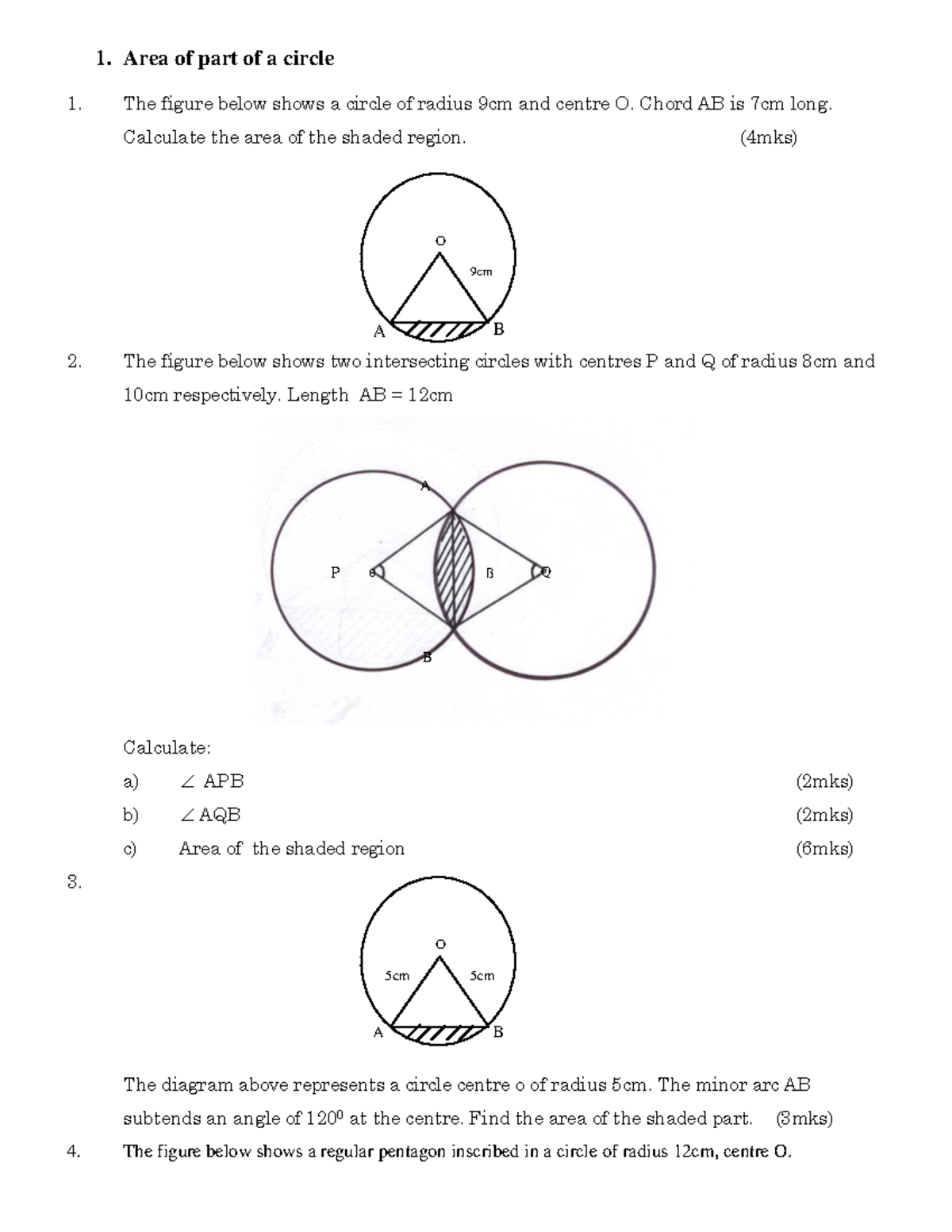 AREA OF PART OF A Circle Q - 1. Area of part of a circle The figure ...