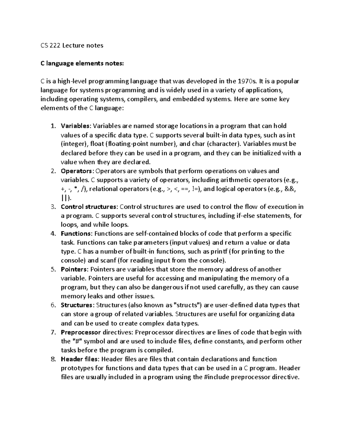 CS 222 Language elements - CS 222 Lecture notes C language elements ...