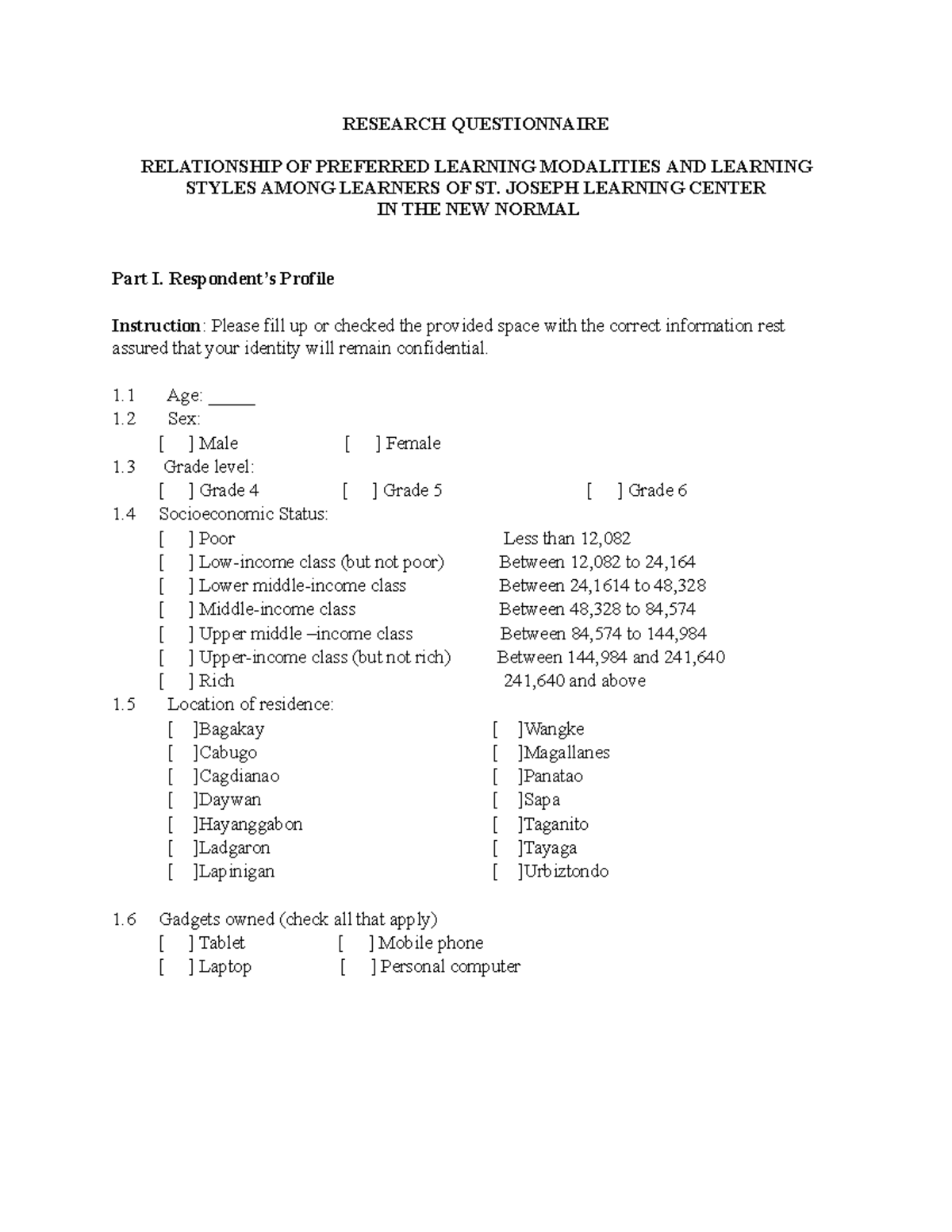 Bodiongan- Questionnaire 3 - RESEARCH QUESTIONNAIRE RELATIONSHIP OF ...