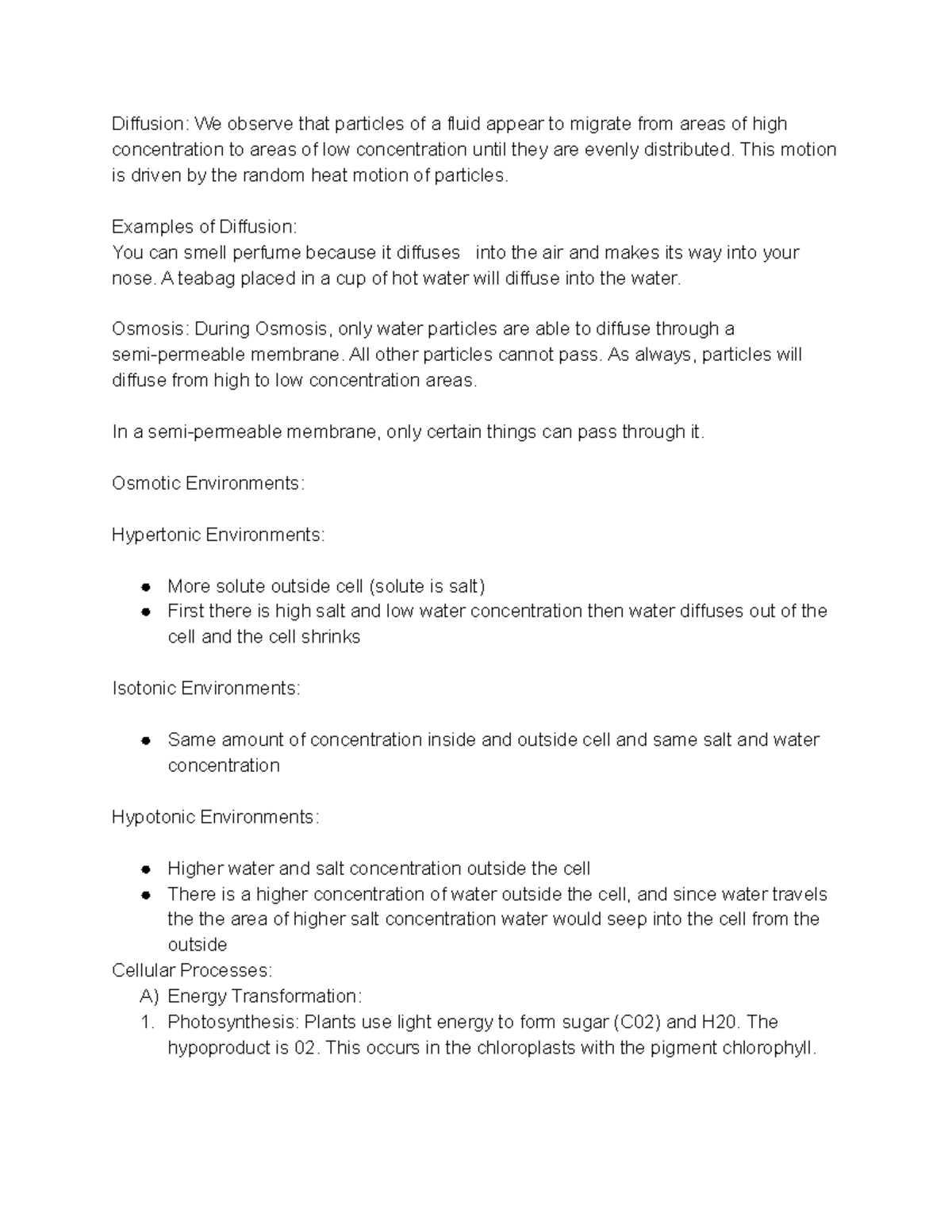 Science - Study Notes - October 20th-26th - Diffusion: We observe that ...