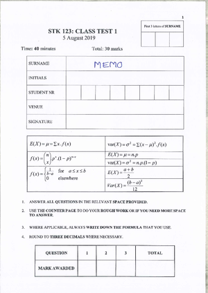 STK123 Tutorial 1A MEMO - STK 123 - Studocu
