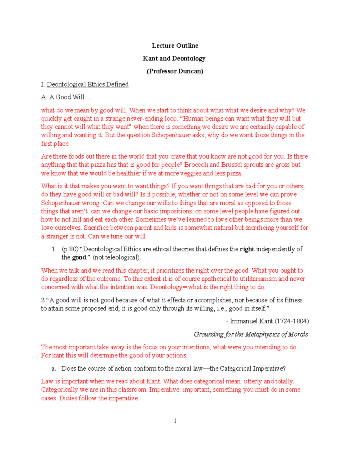 Kant and Deontology Lecture Outline - Lecture Outline Kant and ...