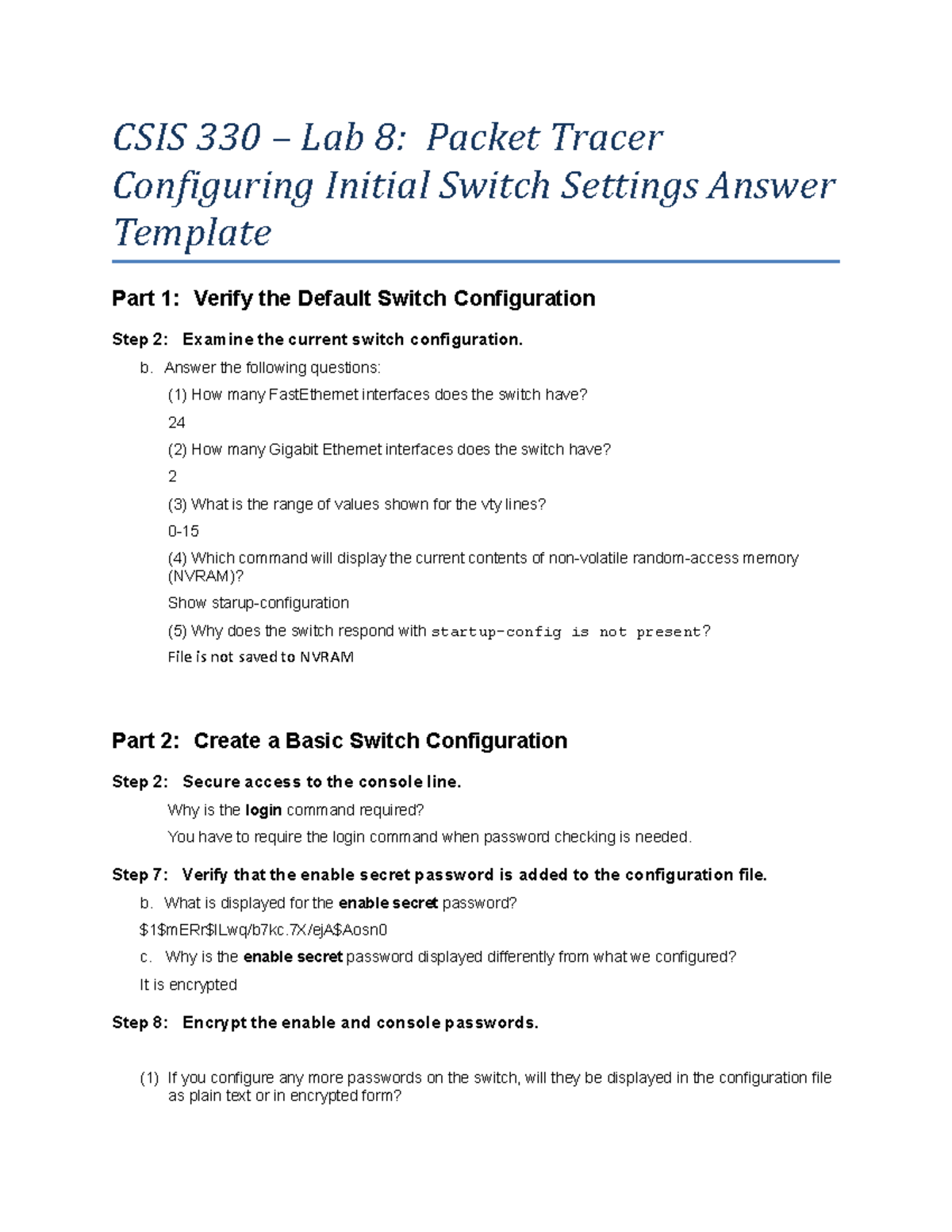 Lab 8 Answer a Ndrew - lab - CSIS 330 – Lab 8: Packet Tracer Configuring Initial Switch Settings ...