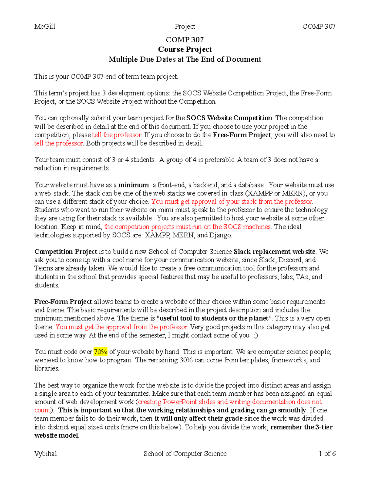 COMP 307 Project Fall 2023 - COMP 307 Course Project Multiple Due Dates ...