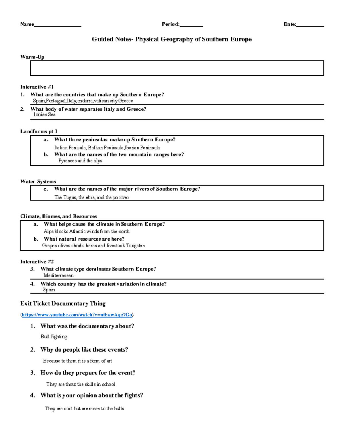Kami Export - 11.16 Southern Europe Physical Geography Guided Notes EM ...