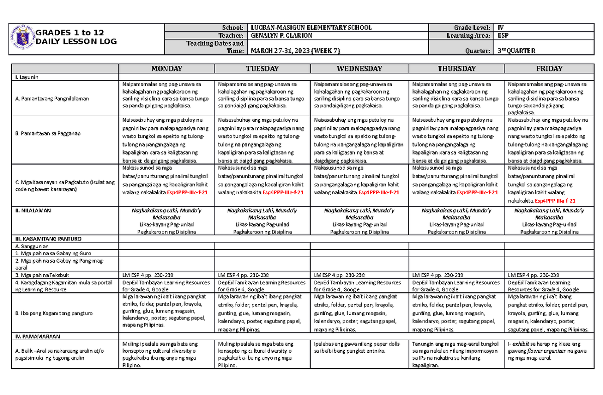 DLL ESP 4 Q3 W7 - kind - GRADES 1 to 12 DAILY LESSON LOG School: LUCBAN ...
