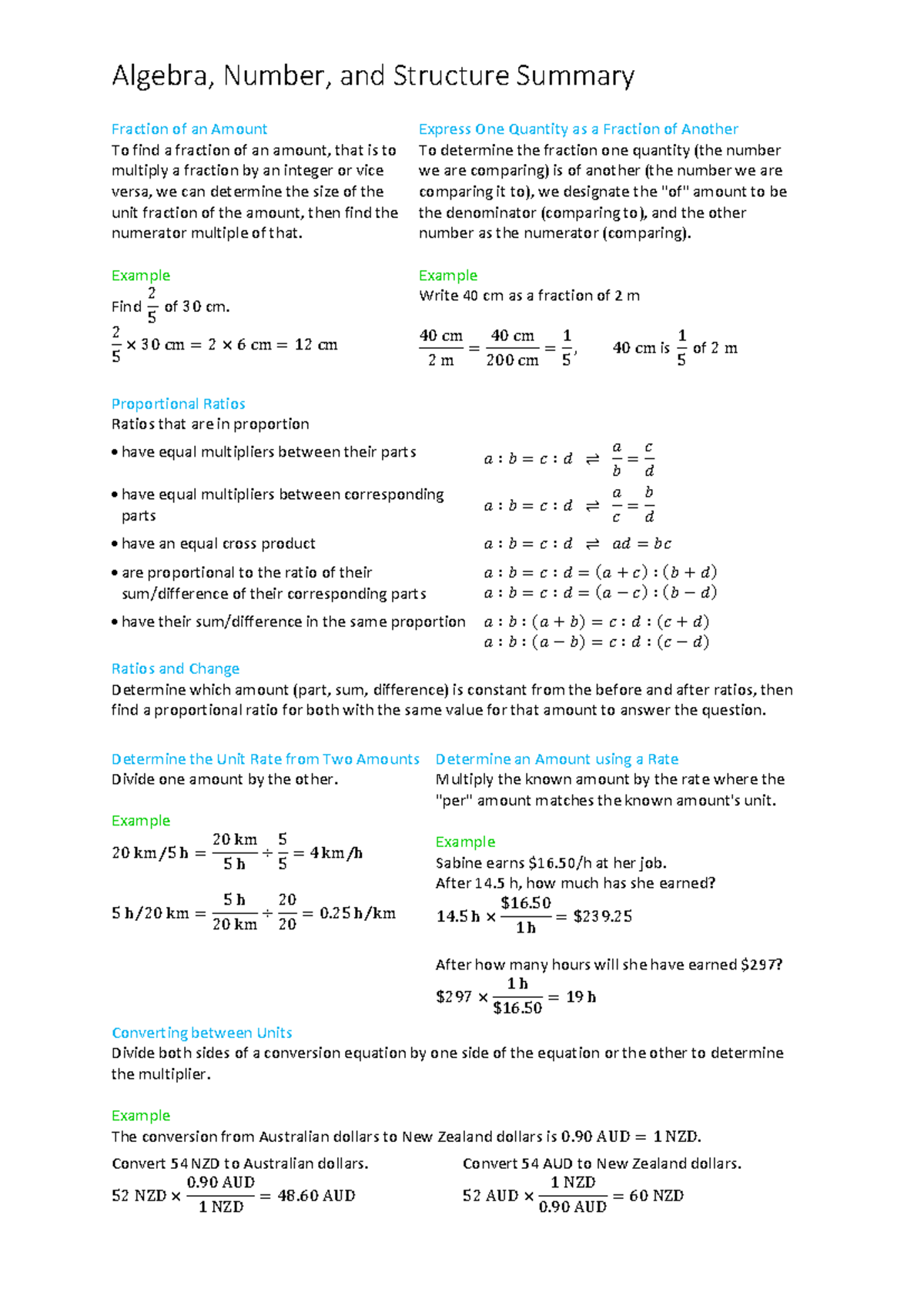 Algebra, Number, and Structure Summary - Fraction of an Amount To find ...