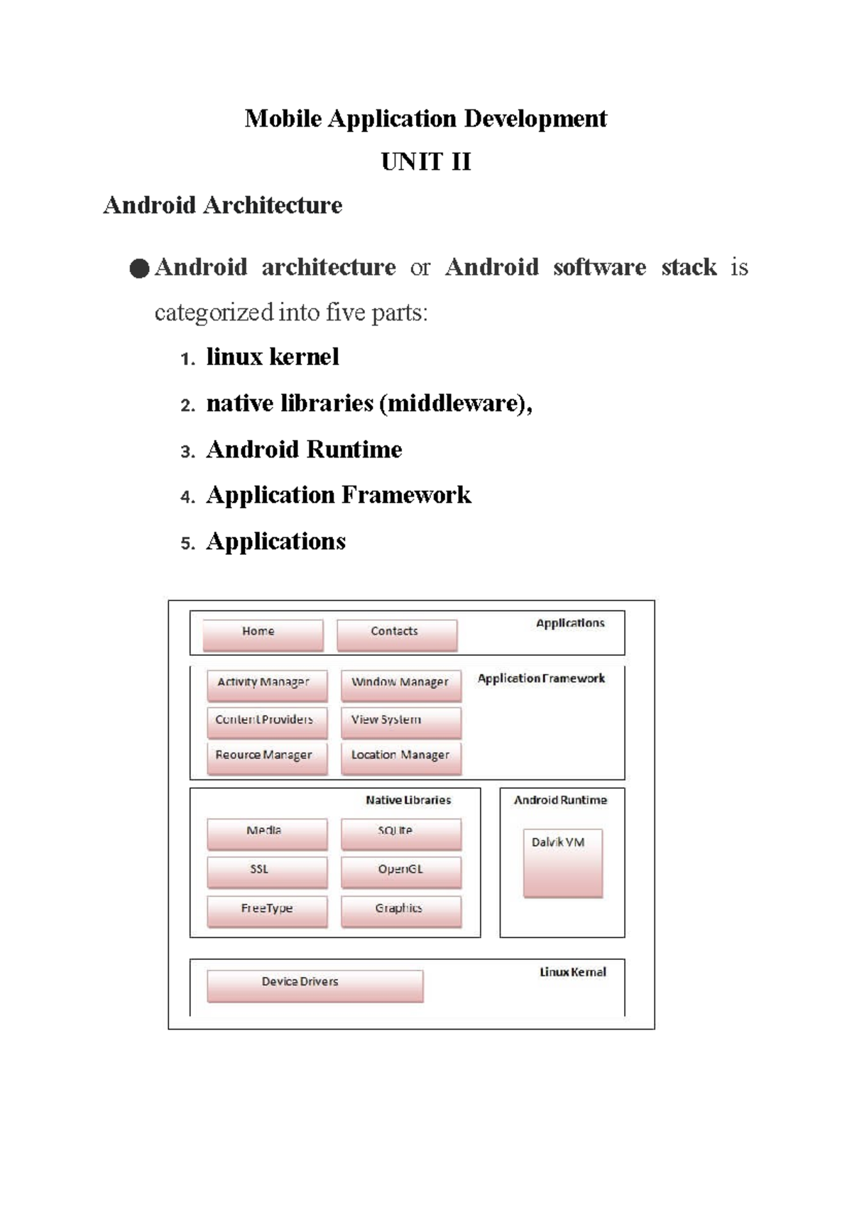 Android Architecture - linux kernel 2. native libraries (middleware), 3. Android Runtime 4 ...