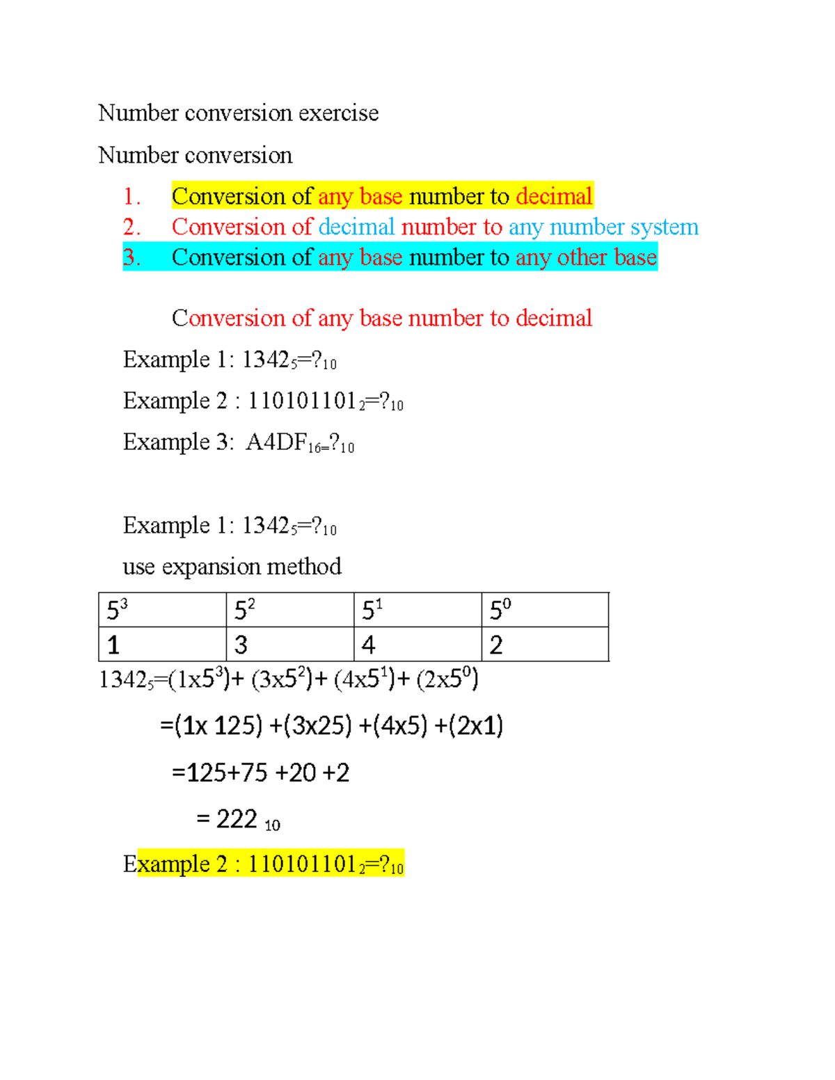 IST 1010 B Number conversion exercise Smaples - Number conversion exercise Number conversion 1 ...