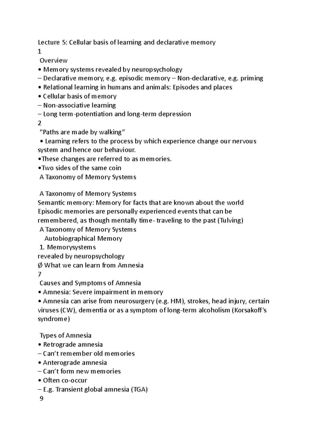 Lecture 5 - memory bio cog - Lecture 5: Cellular basis of learning and ...