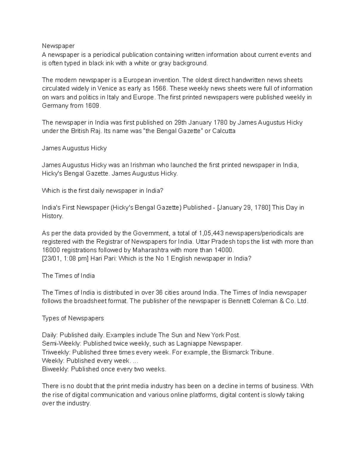 Untitled document - NEWSPAPER ESSAY - Newspaper A newspaper is a ...