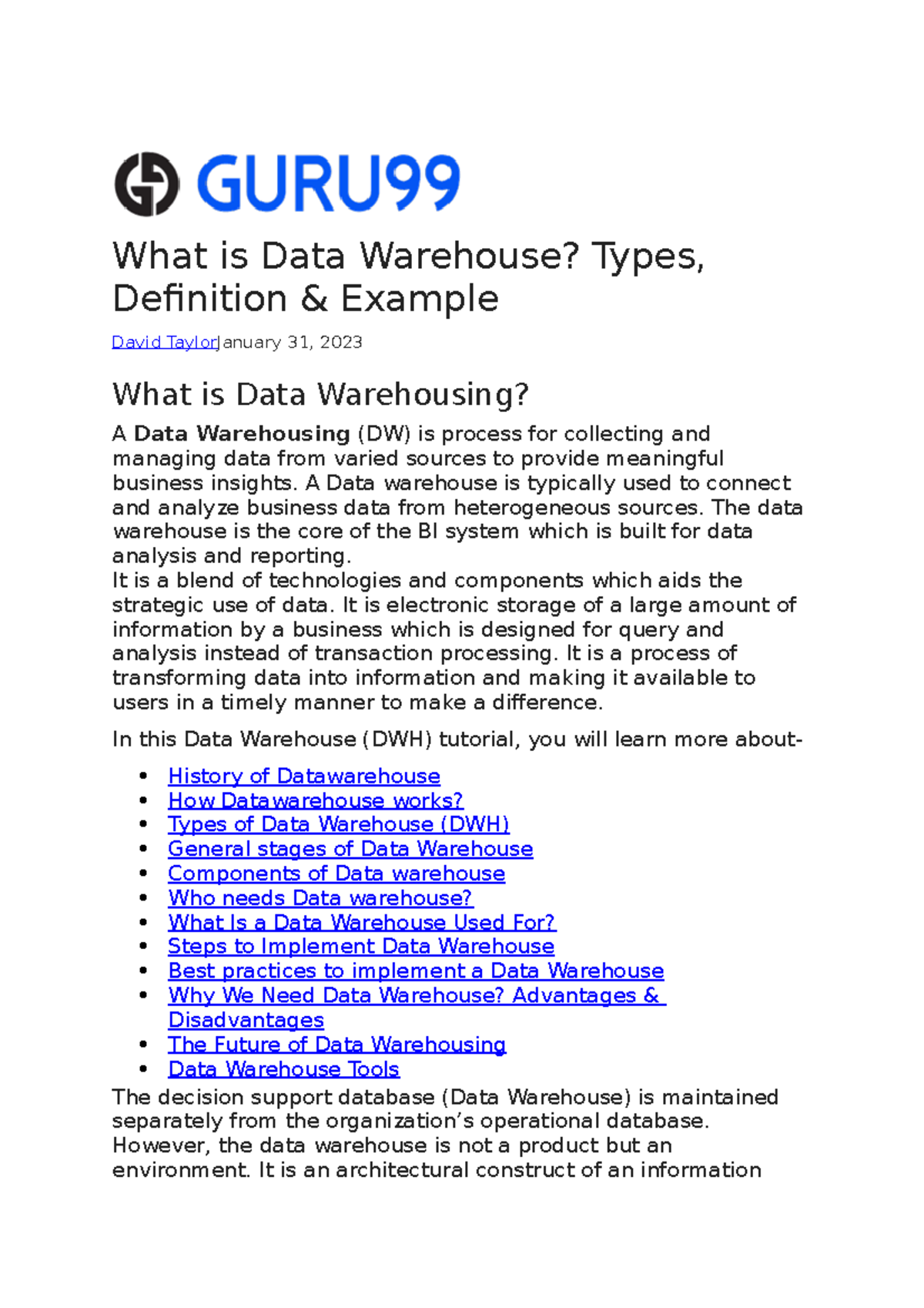 Data Warehousing and Data Mining - What is Data Warehouse? Types ...