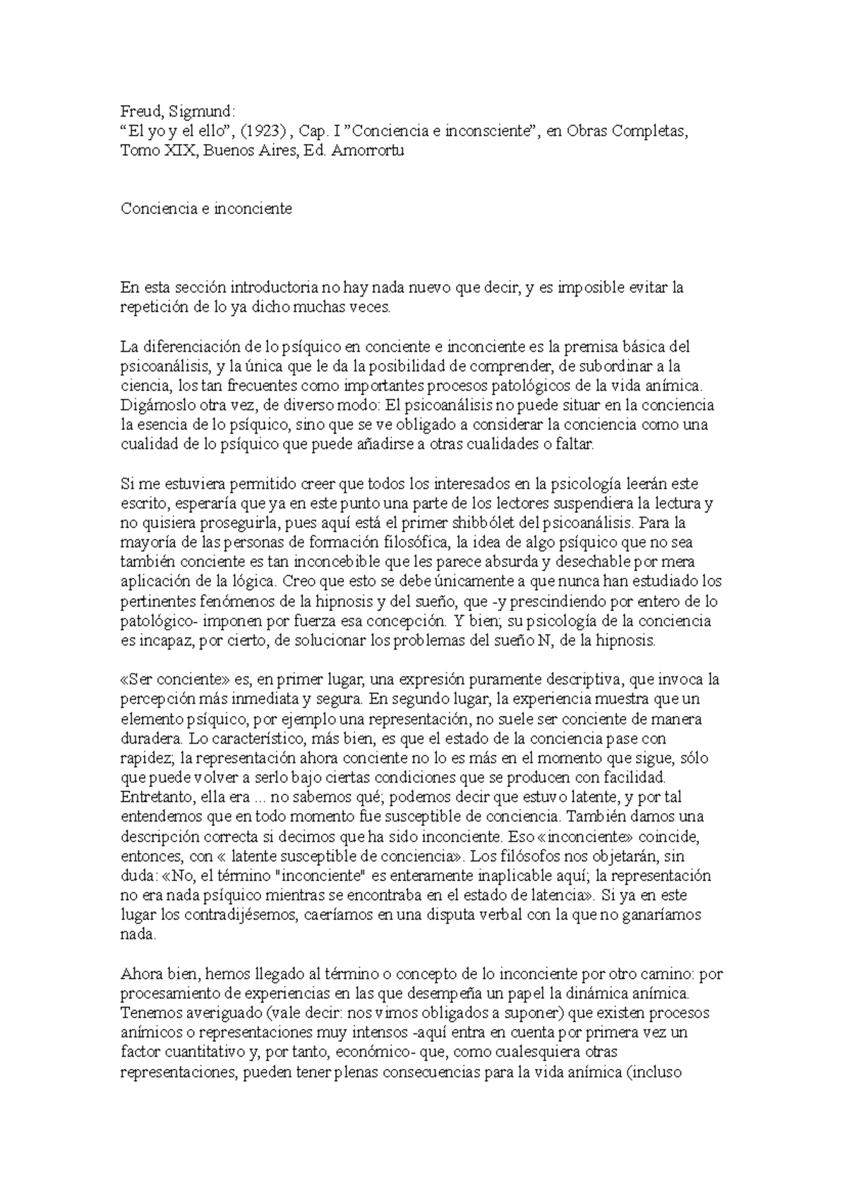 Freud 1 - Freud, Sigmund: “El yo y el ello”, (1923) , Cap. I ...