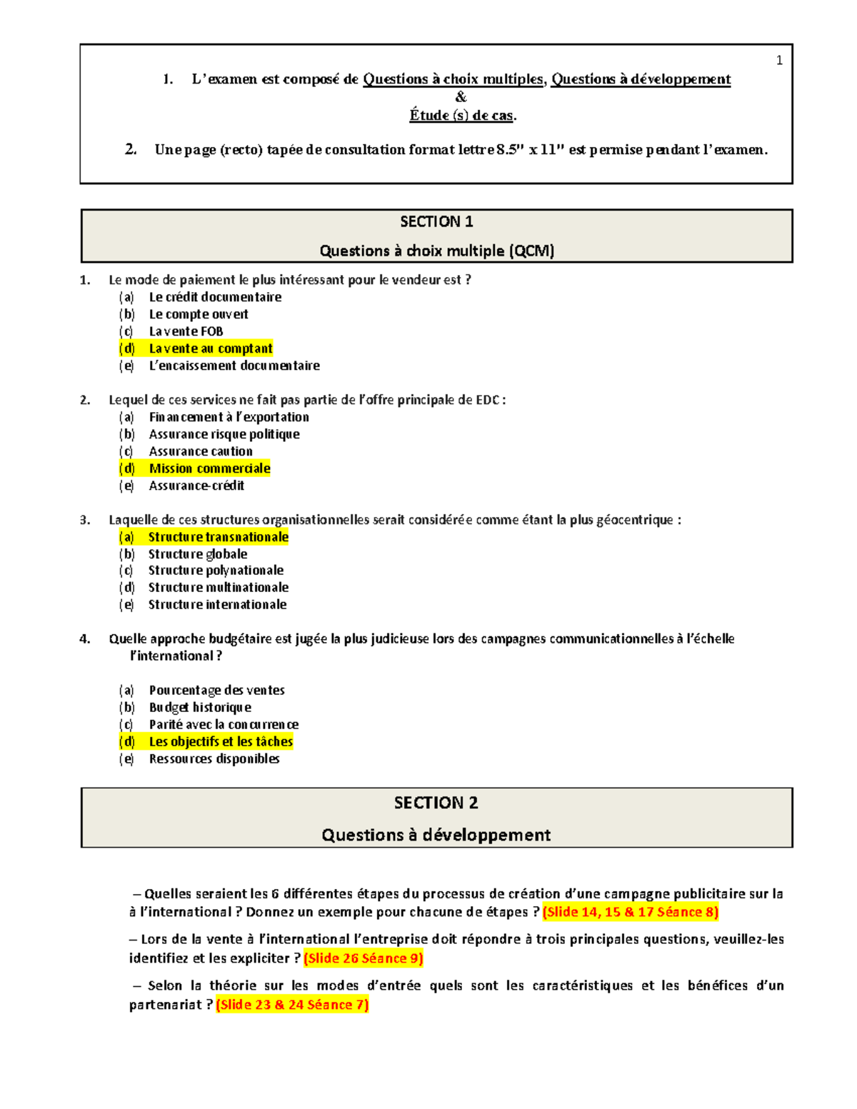 RÃ©vision examen final - 1 SECTION 1 Questions à choix multiple (QCM) 1 ...