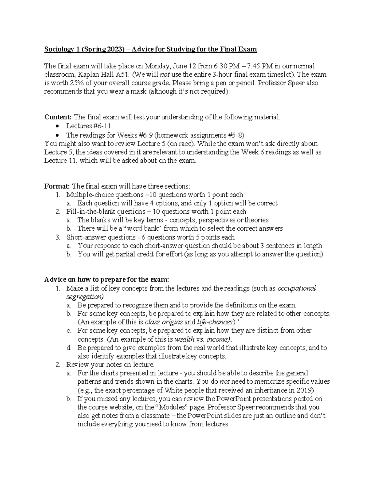 Sociology 1 Final Exam Study Guide (S23) - Sociology 1 (Spring 2023 ...