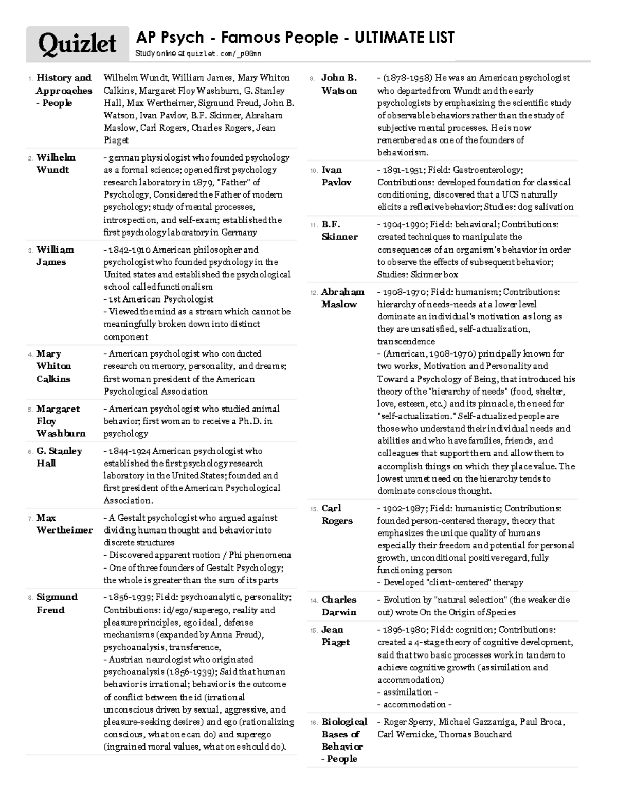 Ap psych famous people ultimate list - 1. History and Approaches ...