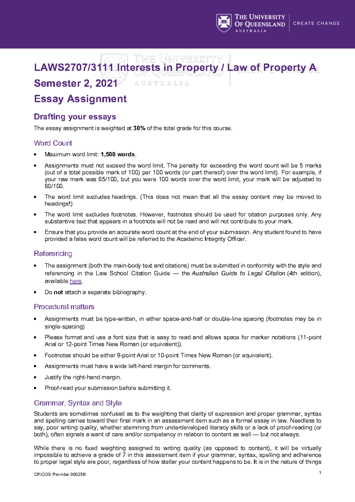 LAWS2706 Essay Assignment (Final) 02 - LAWS2707/3111 Interests in ...