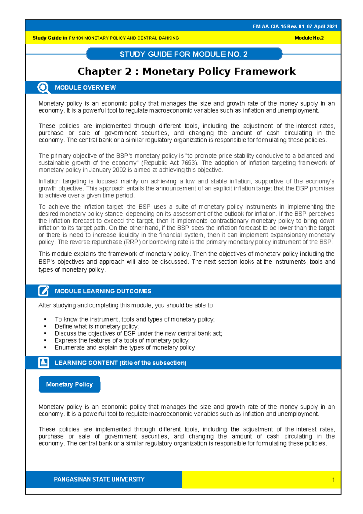 SG 2 Monetary Policy and Central banking - STUDY GUIDE FOR MODULE NO. 2 ...