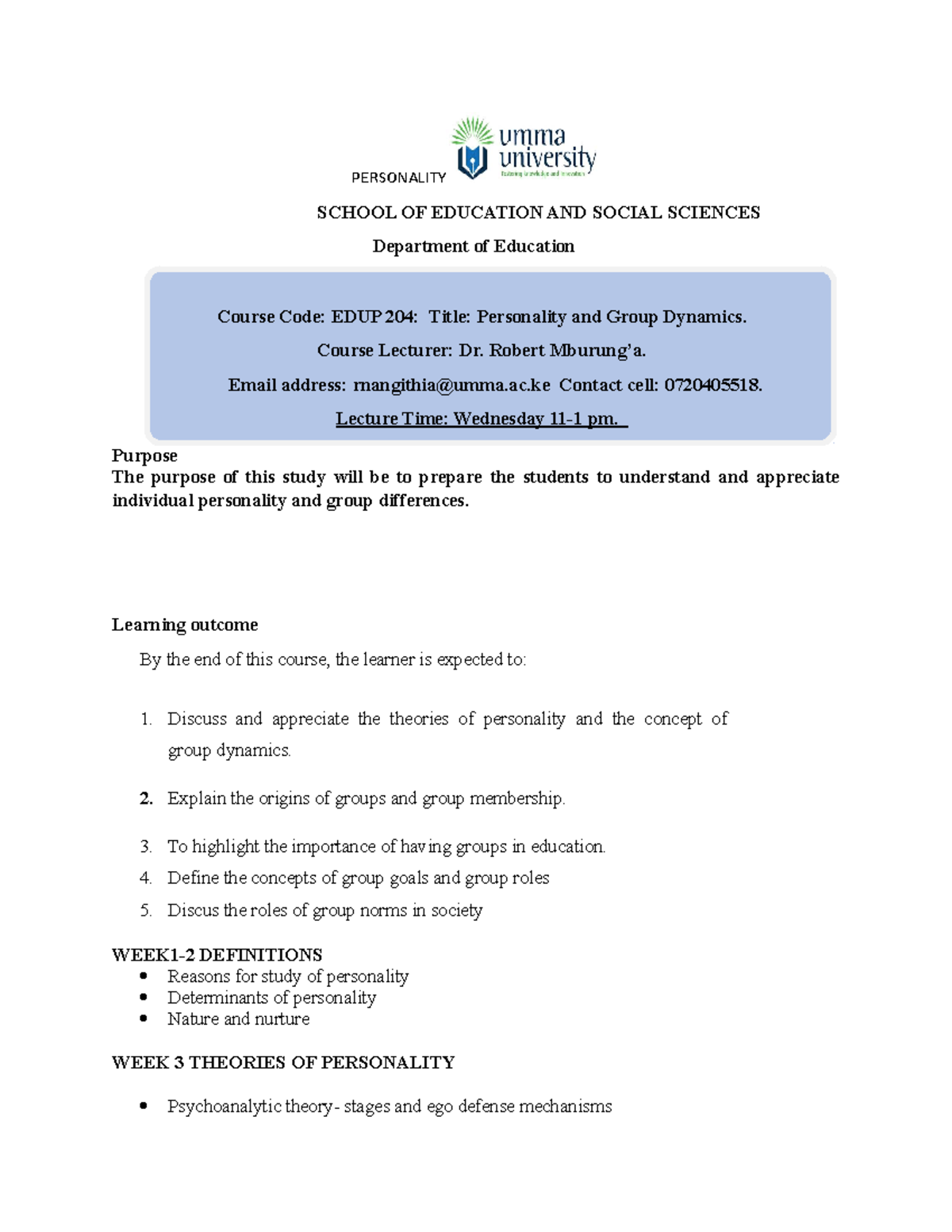 Personality - Notes of psychology - PERSONALITY SCHOOL OF EDUCATION AND ...