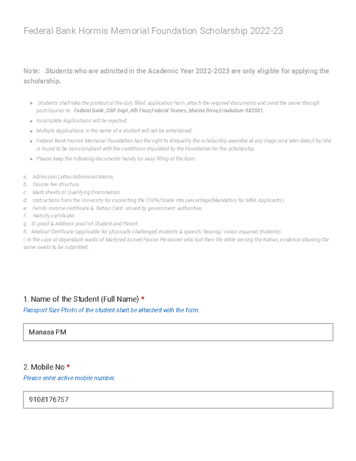 Federal Bank Hormis Memorial Foundation Scholarship 2022-23 - Students ...