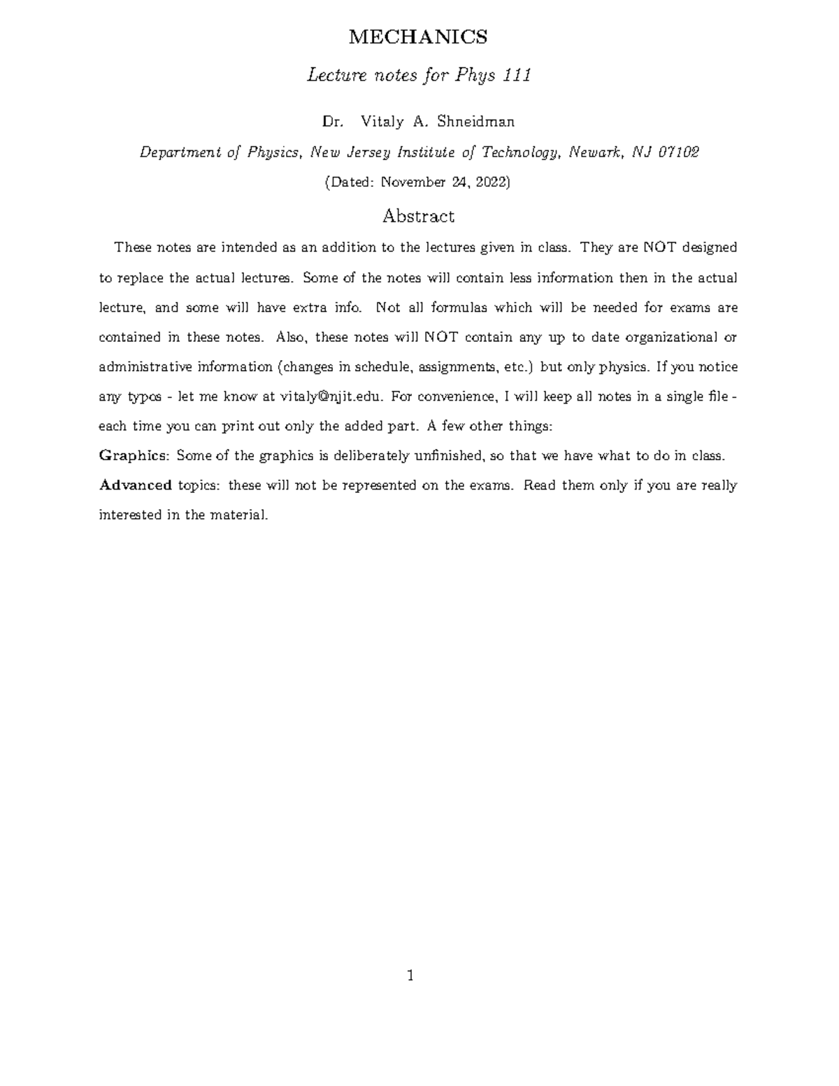 Physics Lecture Notes - MECHANICS Lecture notes for Phys 111 Dr. Vitaly ...
