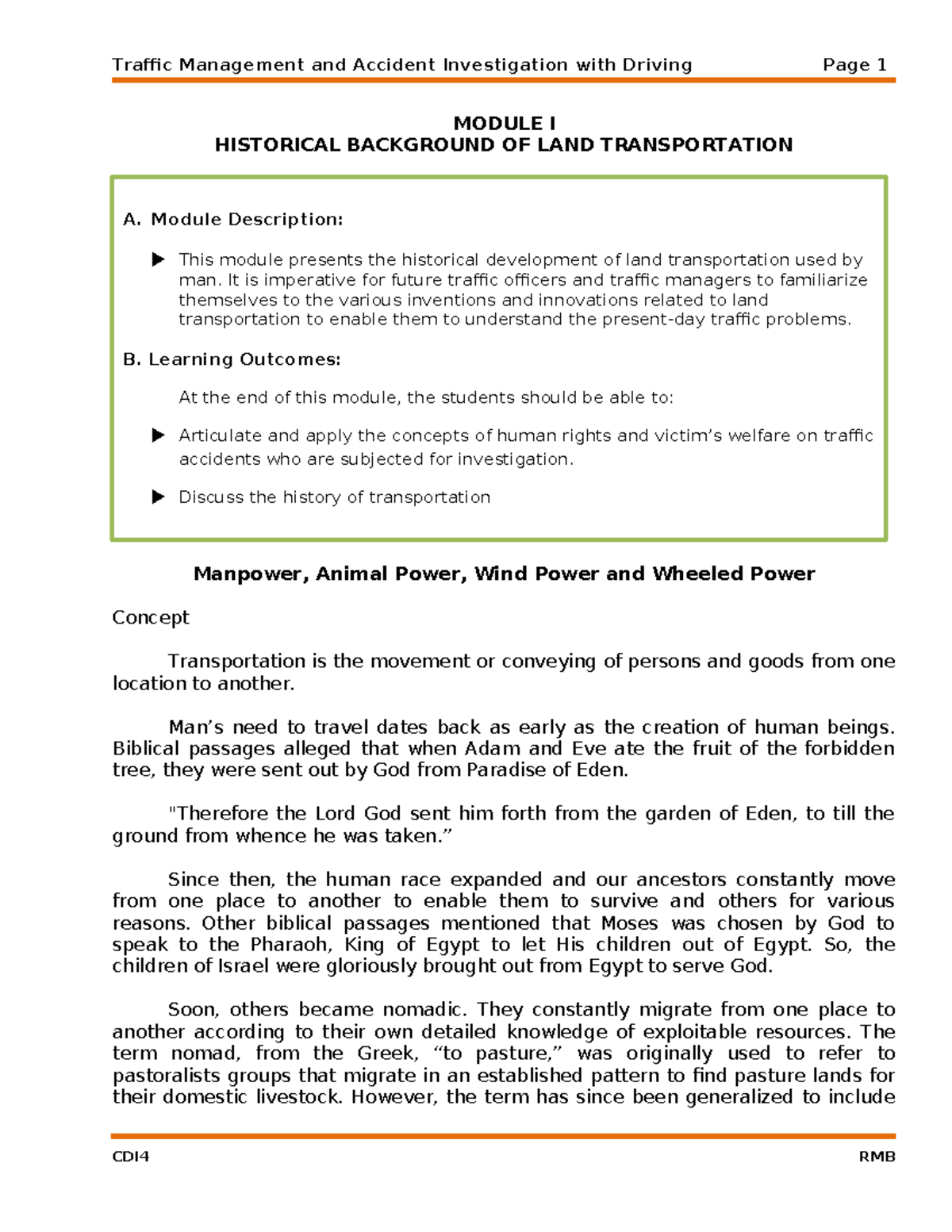 Module 1 - MODULE I HISTORICAL BACKGROUND OF LAND TRANSPORTATION ...