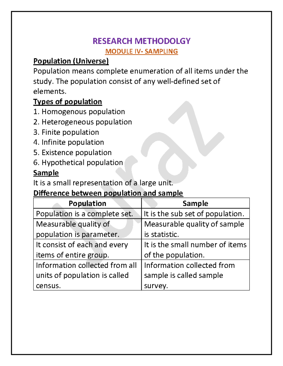 Research methodology -Module IV- Sampling - RESEARCH METHODOLGY MODULE IV- SAMPLING Population ...