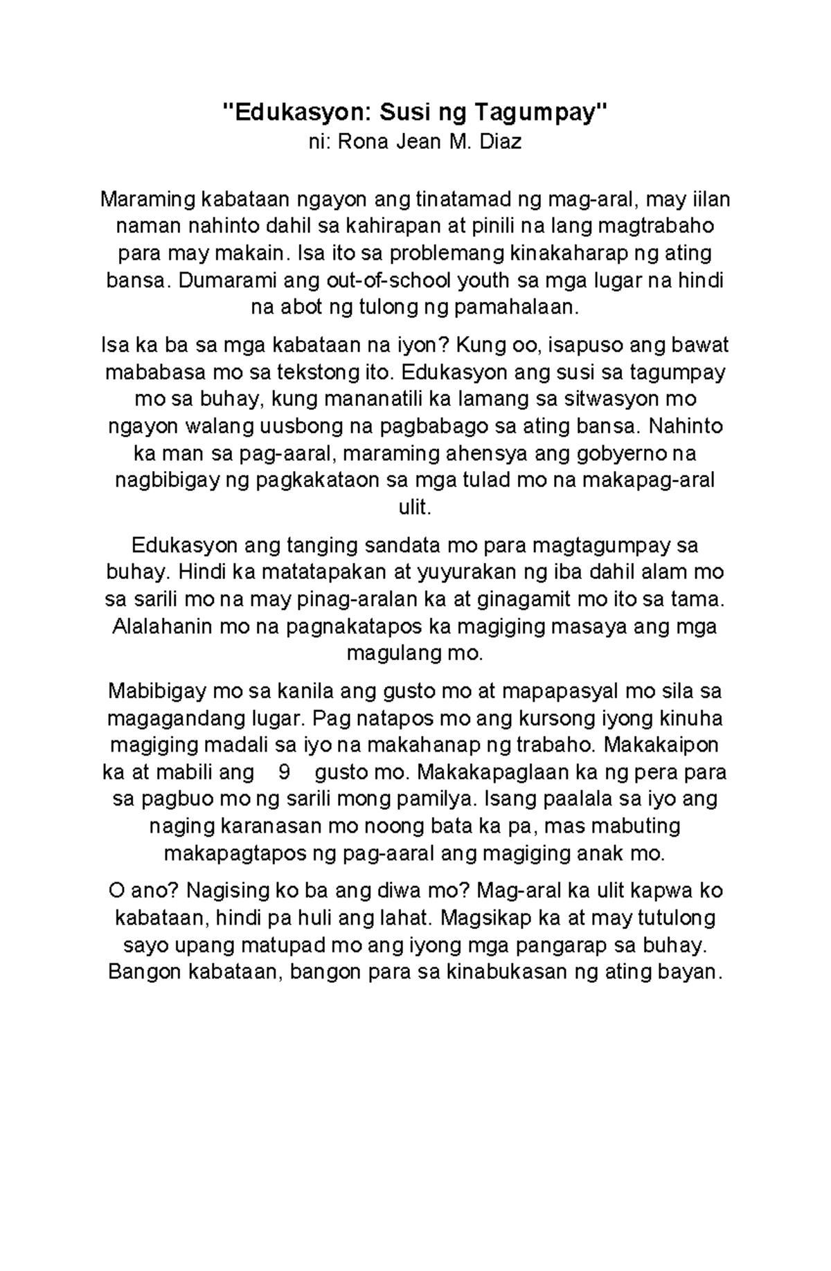 Edukasyon - Summary Filipino Education - "Edukasyon: Susi ng Tagumpay ...