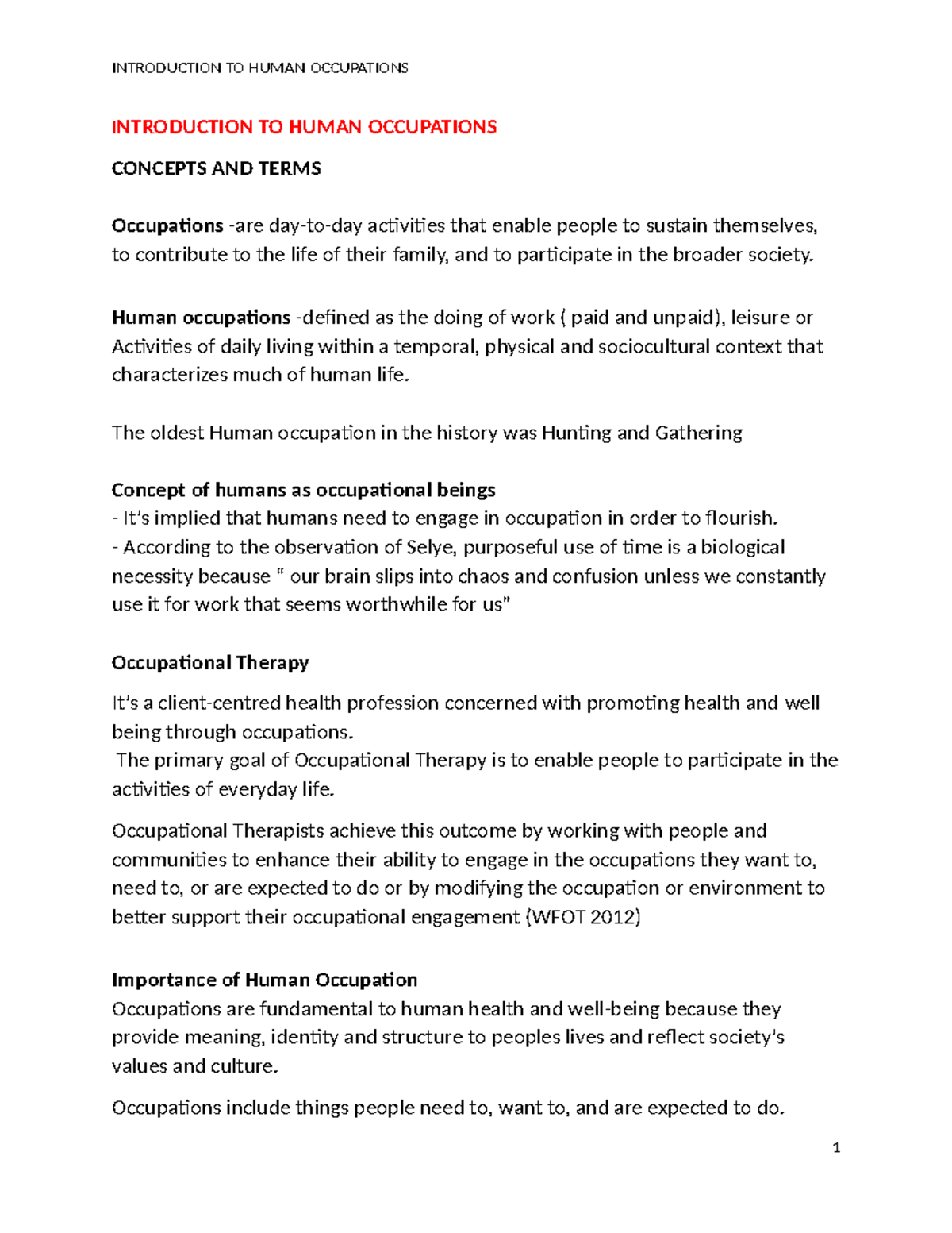 Introduction to human occupations - INTRODUCTION TO HUMAN OCCUPATIONS ...