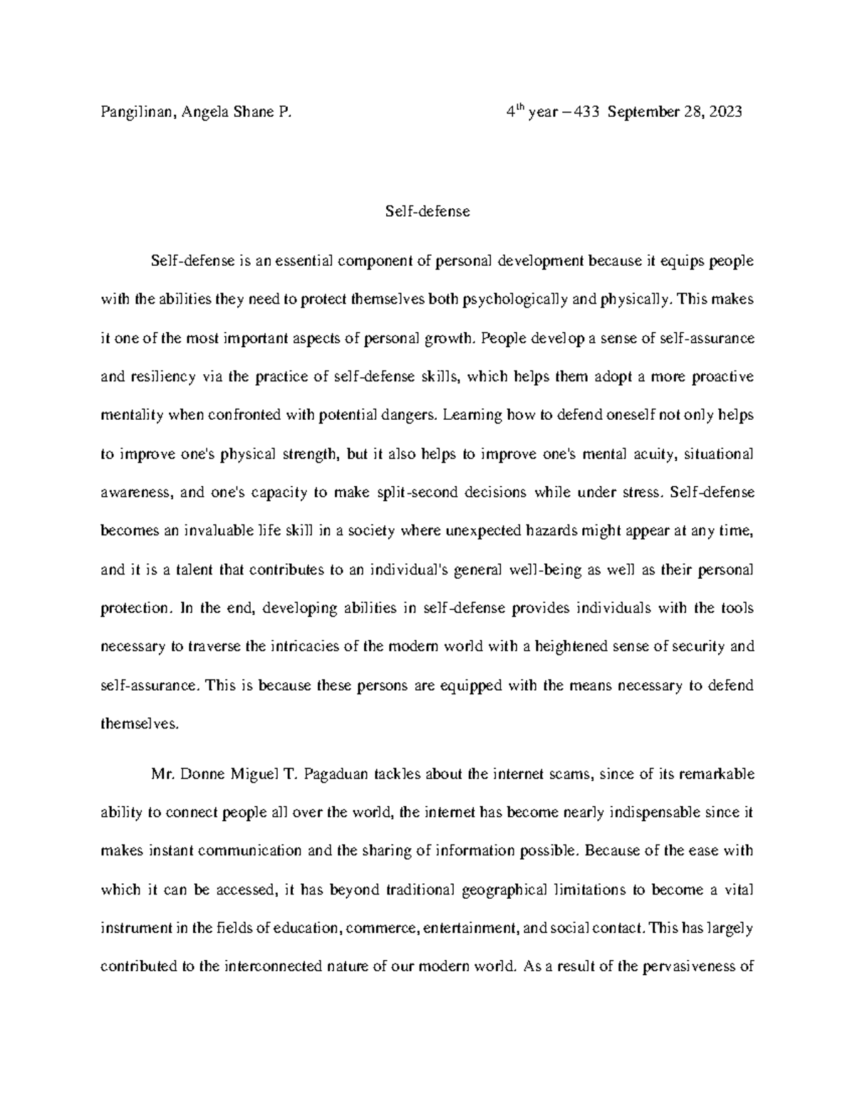 433 P a ngilin a n Per Dev Reflection Self-Defense - Pangilinan, Angela ...
