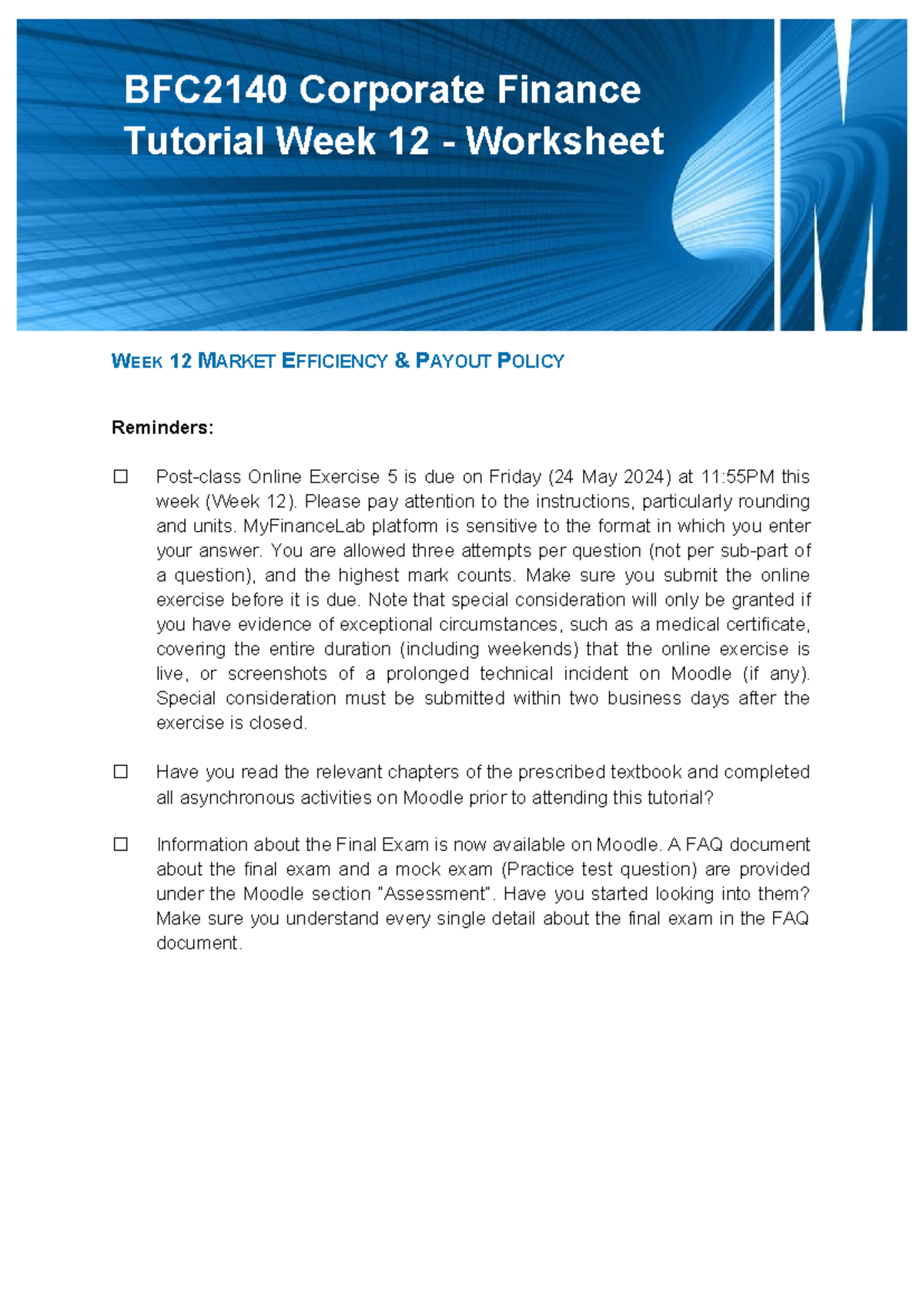Week 12 Tutorial Worksheet - for Student - WEEK 12 MARKET EFFICIENCY ...