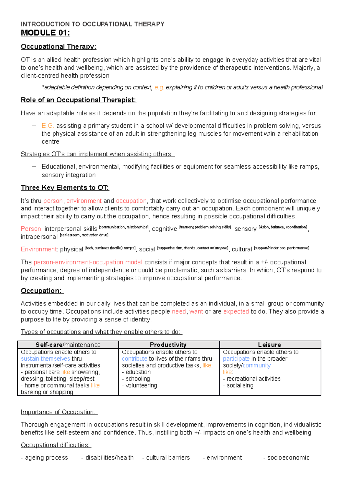 Intro to OT - LE notes - MODULE 01: Occupational Therapy: OT is an ...