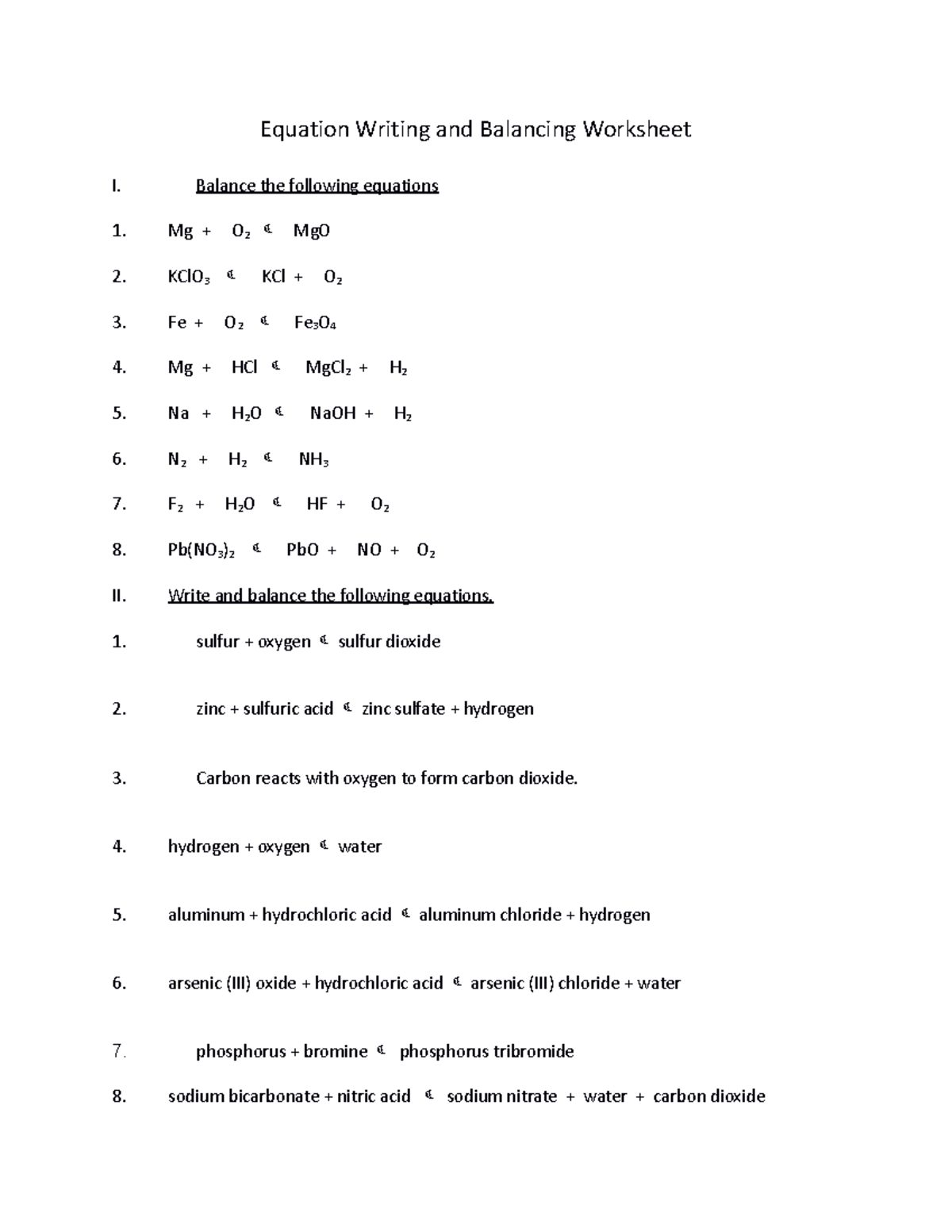 Chemical Rxns - Balancing I WS - Equation Writing and Balancing ...