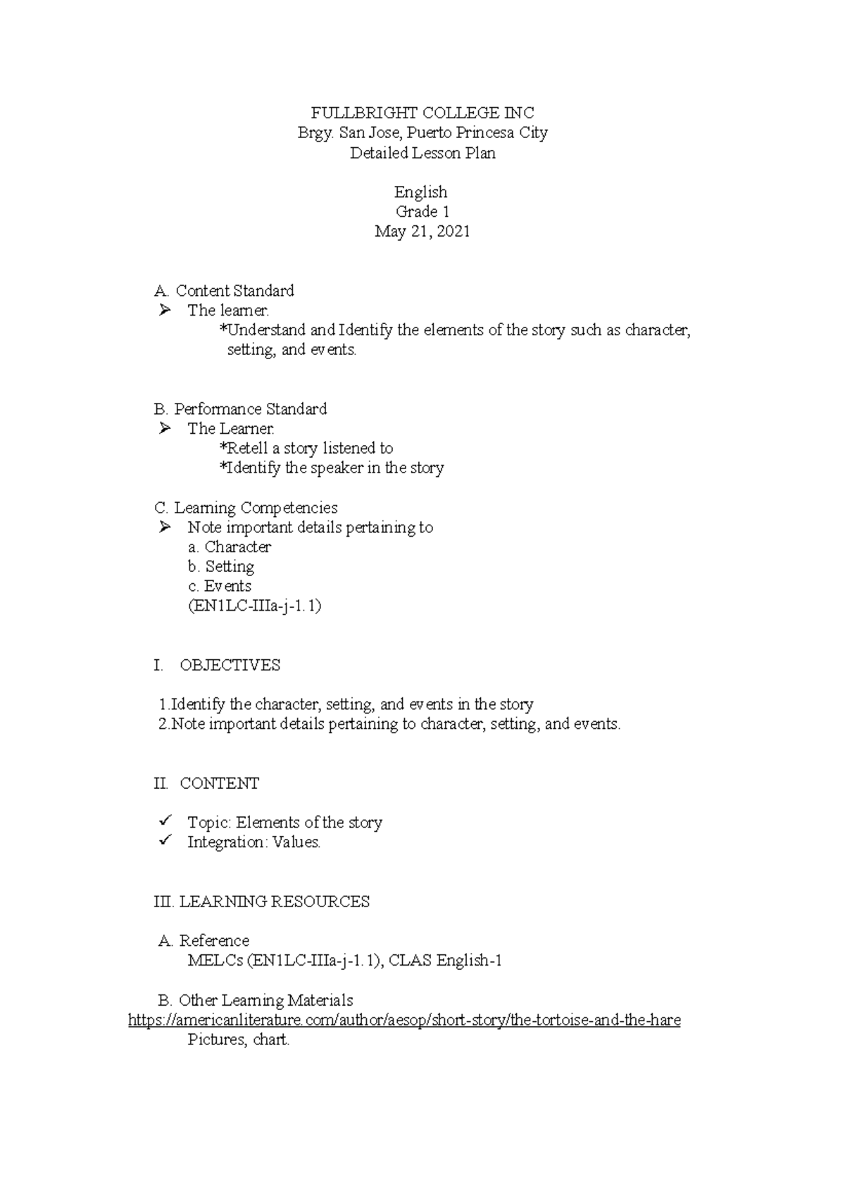 Lesson-Plan-rtf - detailed lesson plan to English grade 1 contains the ...