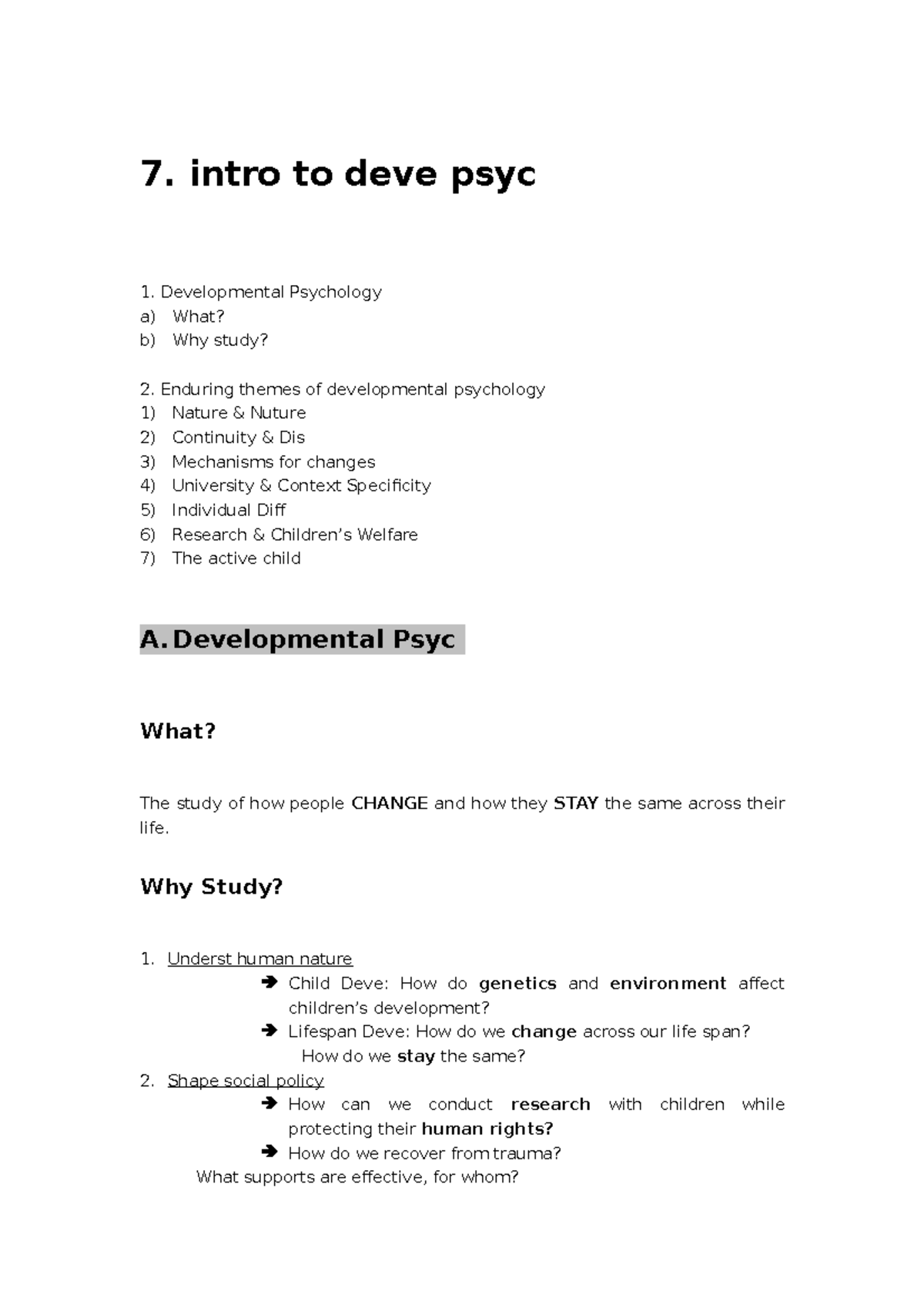 Developmental Psyc 1 Lecture Notes 5 7 Intro To Deve Psyc Developmental Psychology A What