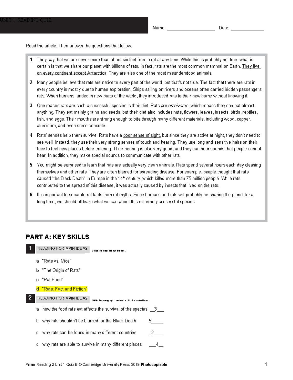 Prism-Reading-2-Quiz-Unit-1 Assessment-B - Name: ____________________ Date: ______________ Read ...