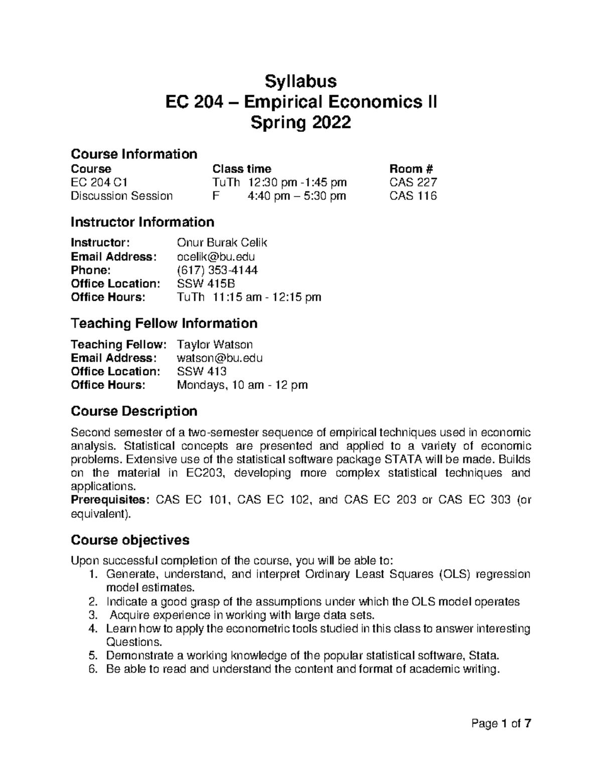 EC 204 C1 - Empirical Economics II Syllabus Spring 2023 - Syllabus EC ...