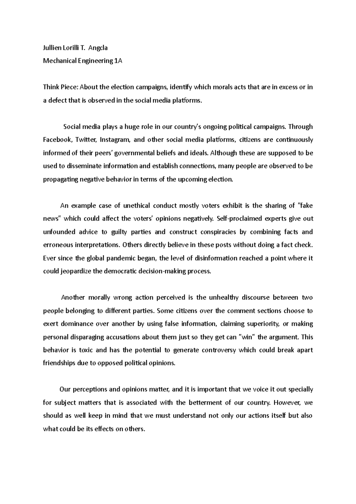 Think Piece - About the election campaigns, identify which morals acts ...