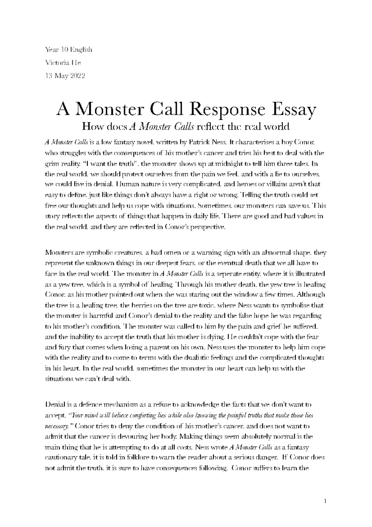 English monster call essay PDF - Year 10 English Victoria He 13 May ...