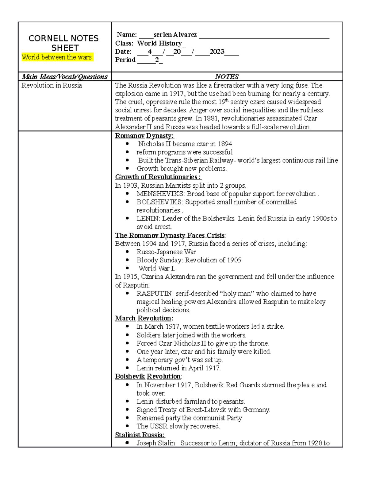 World between the wars notes - CORNELL NOTES SHEET World between the ...