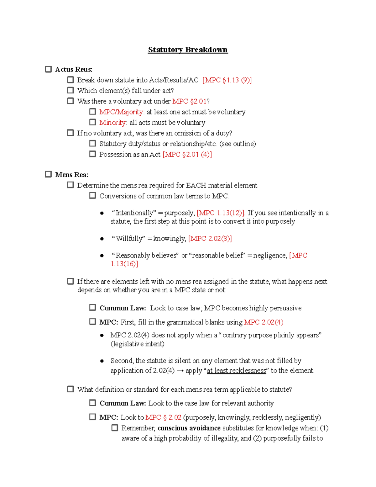Crim Law Attack Outline - Statutory Breakdown Actus Reus: Break down ...